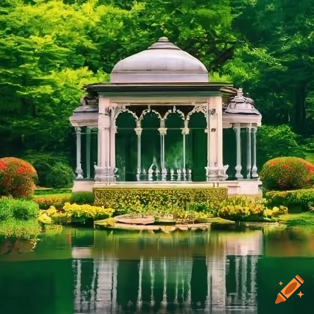 Islamic art-inspired garden with a pond and gazebo on Craiyon