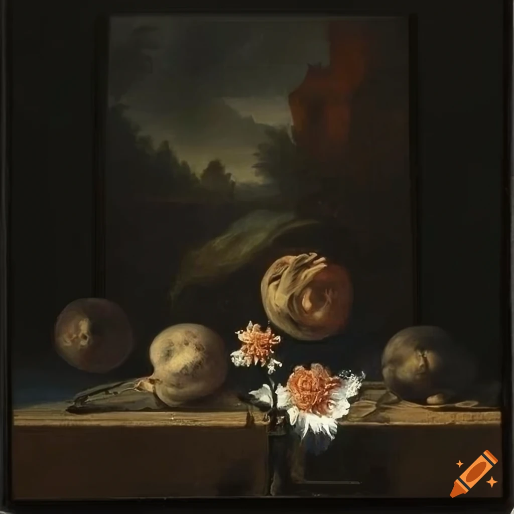 Eerie and dark artwork of a renaissance still life in a landscape on ...