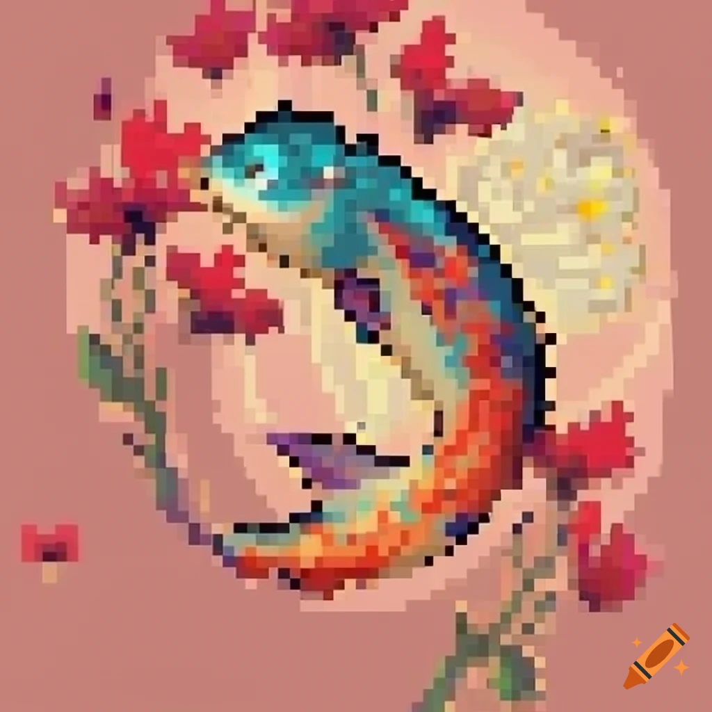 Pixel art of carp surrounded by butterflies and flowers on Craiyon