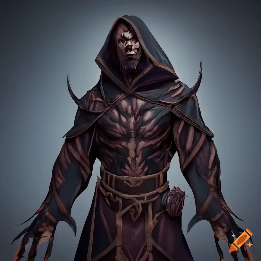 Detailed character concept art of a muscular male in dark colored robes ...