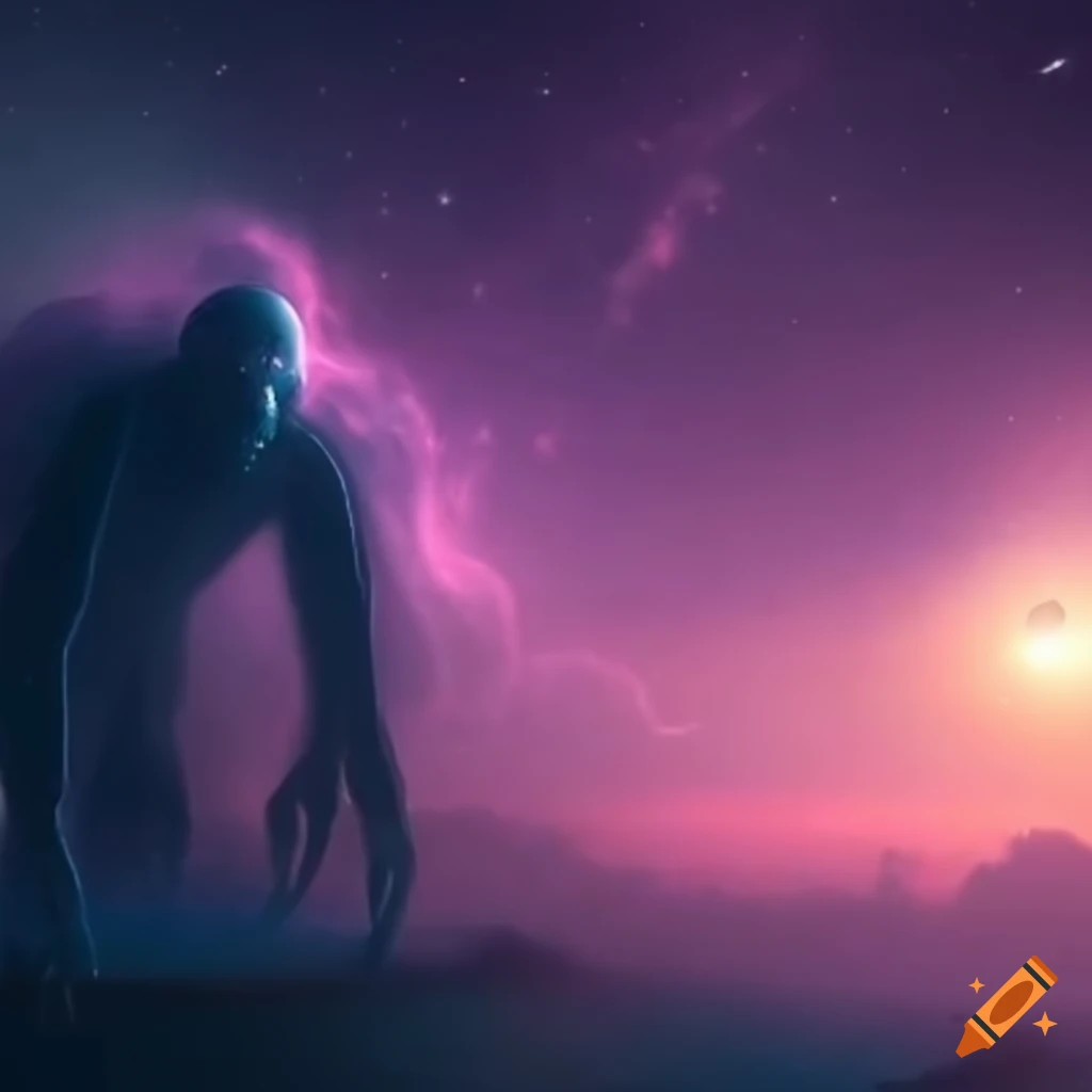 Daytime depiction of a massive dreamlike human-like monster descending ...