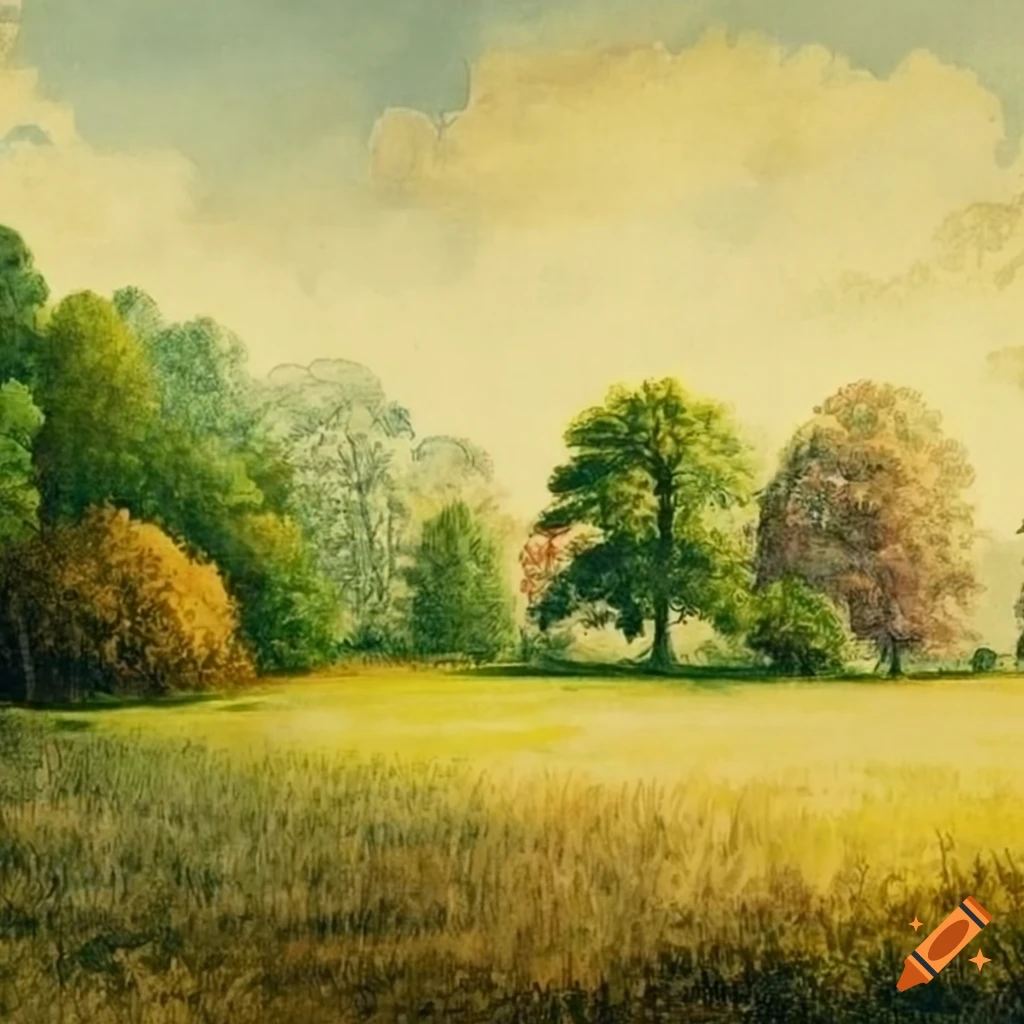 Vintage coloured drawing of a peaceful countryside on Craiyon