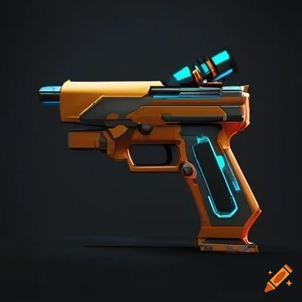 Futuristic pistol in a high-tech cybernetic setting on Craiyon