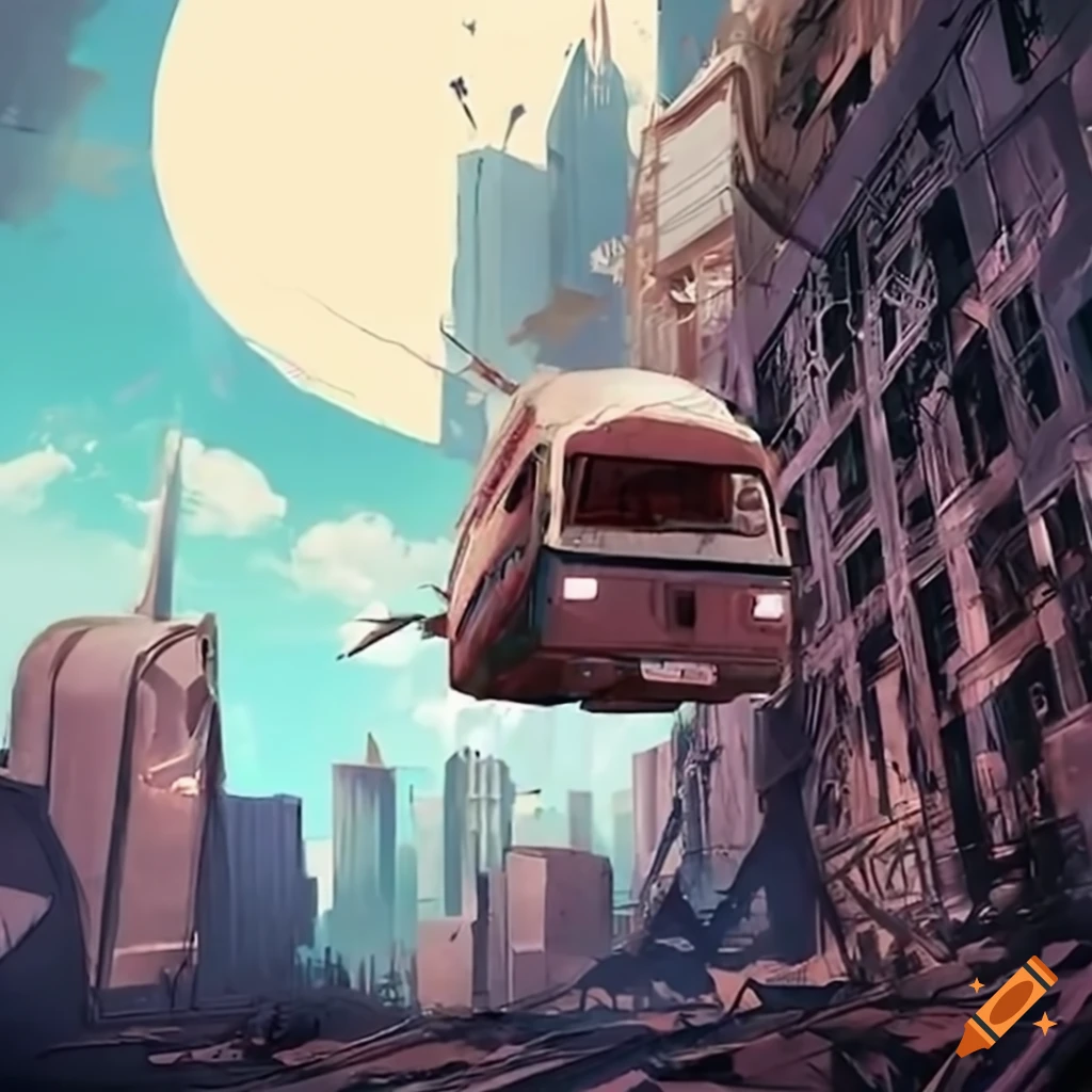 Image of a flying van in a post-apocalyptic city on Craiyon