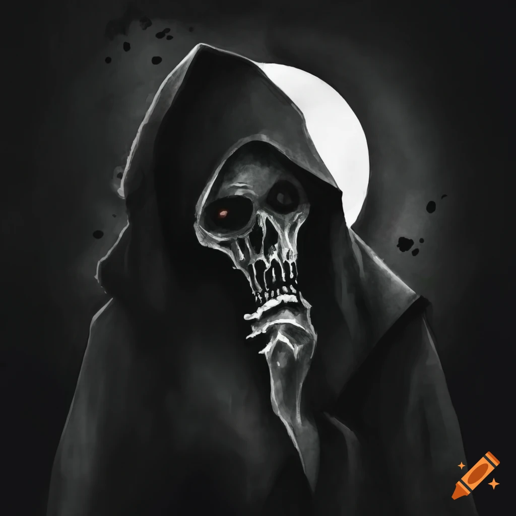 Watercolor painting of a shrouded reaper in monochrome on Craiyon