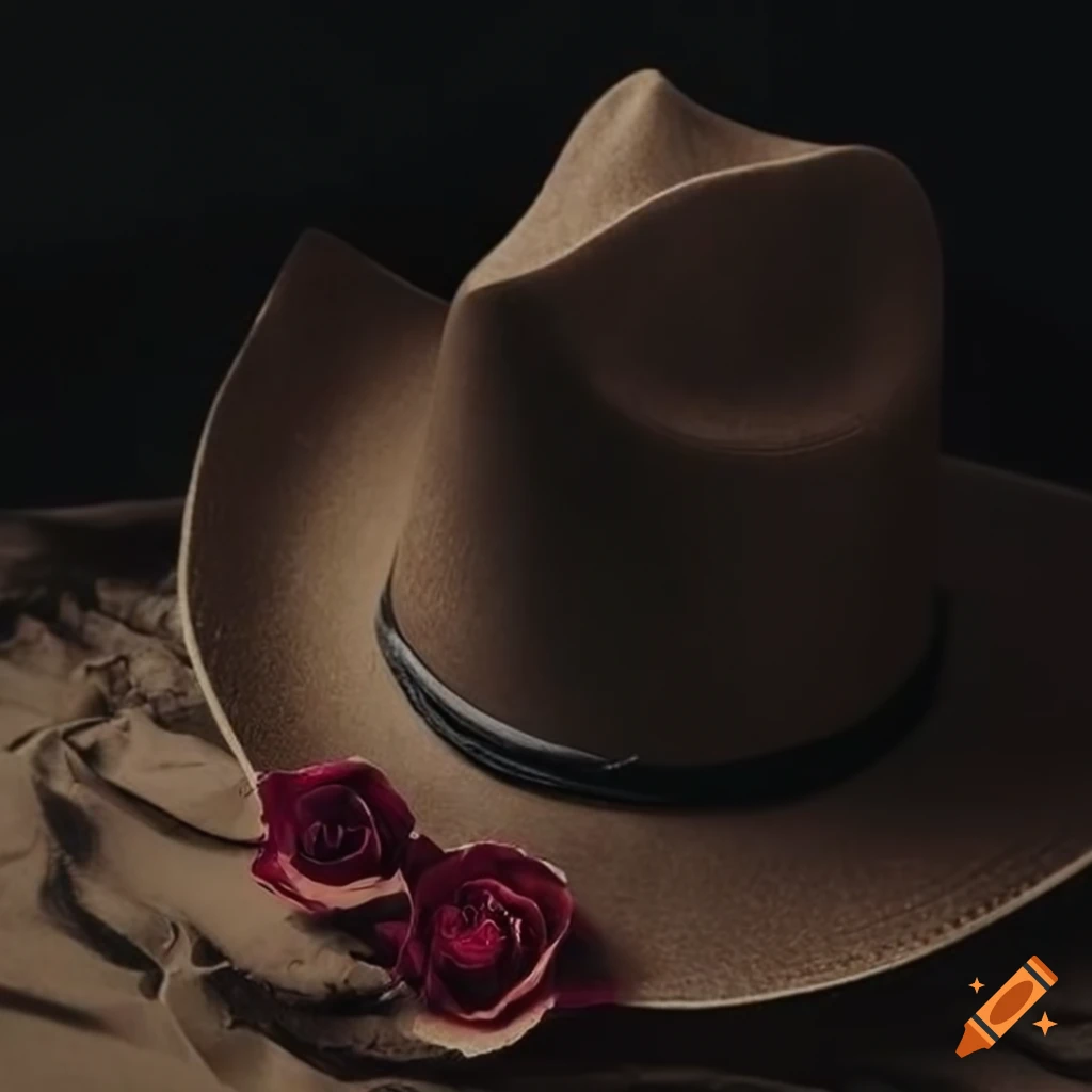 Photo of a rose and cowboy hat on sand
