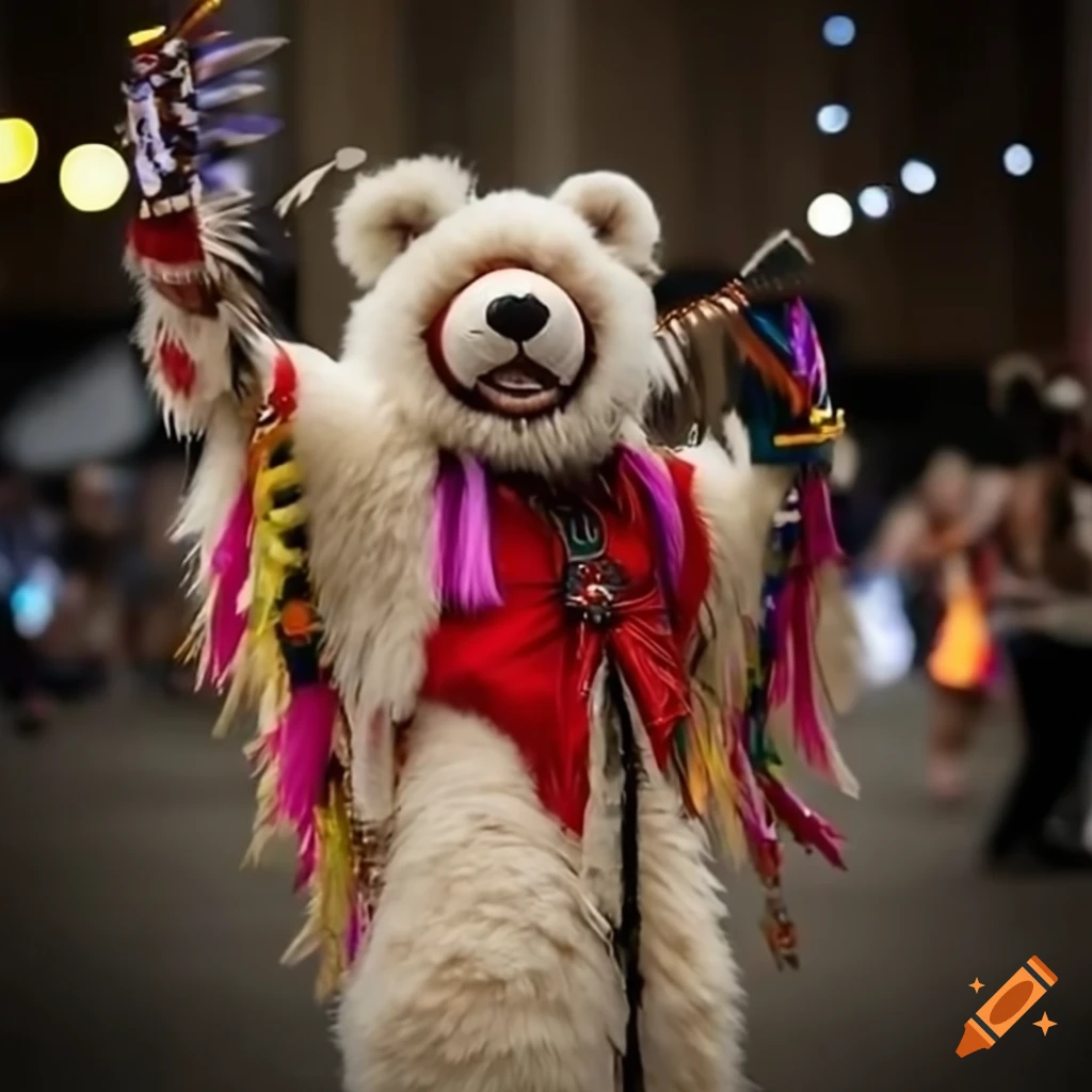 Cosplayer in a furry bear suit wearing pow wow regalia