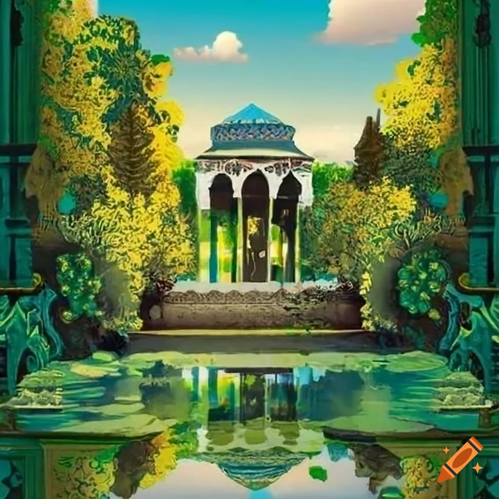 Garden with a beautiful Islamic Art-inspired balcony and mausoleum in a ...