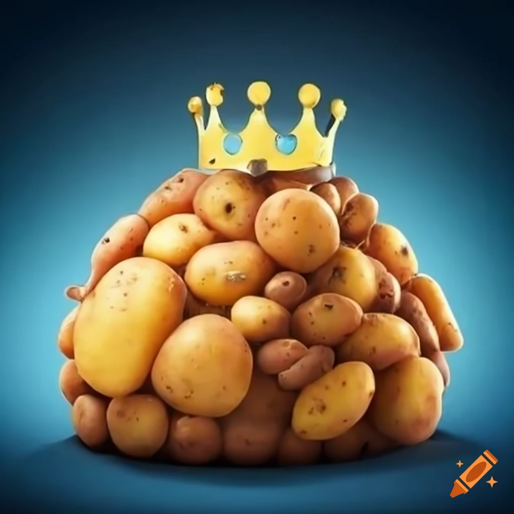 Image of a mountain of potatoes with a crowned ultimate potato on Craiyon
