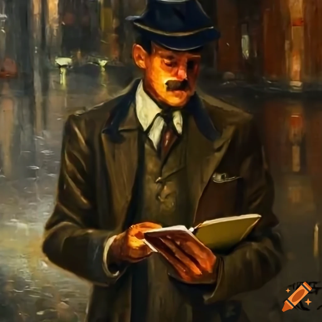 1920s detective in the rain with his notebook on Craiyon