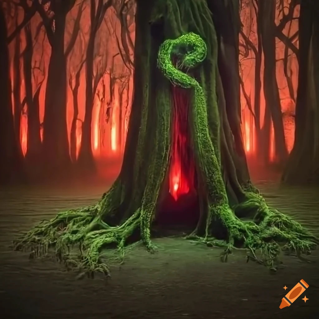 Mysterious red swamp with glowing roots and vines