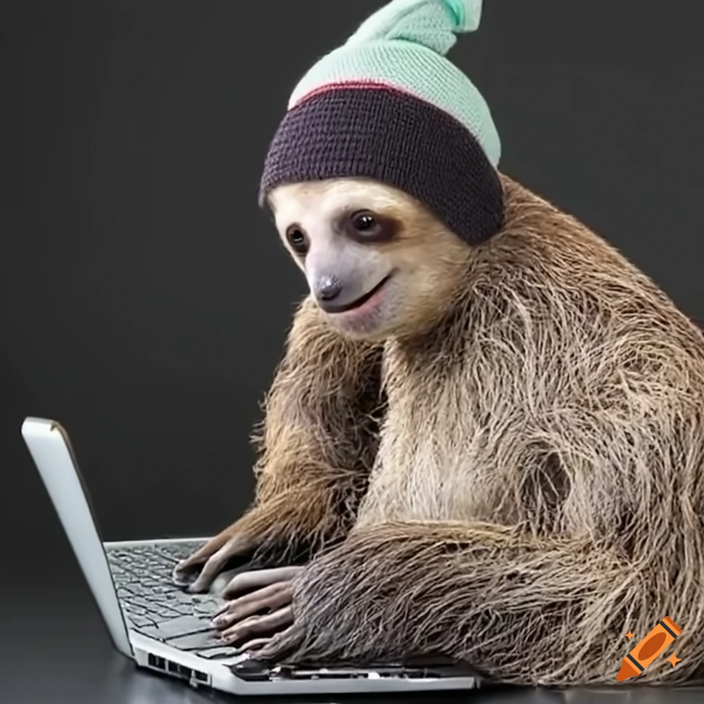 Sloth in a dark library in front of a desk on Craiyon