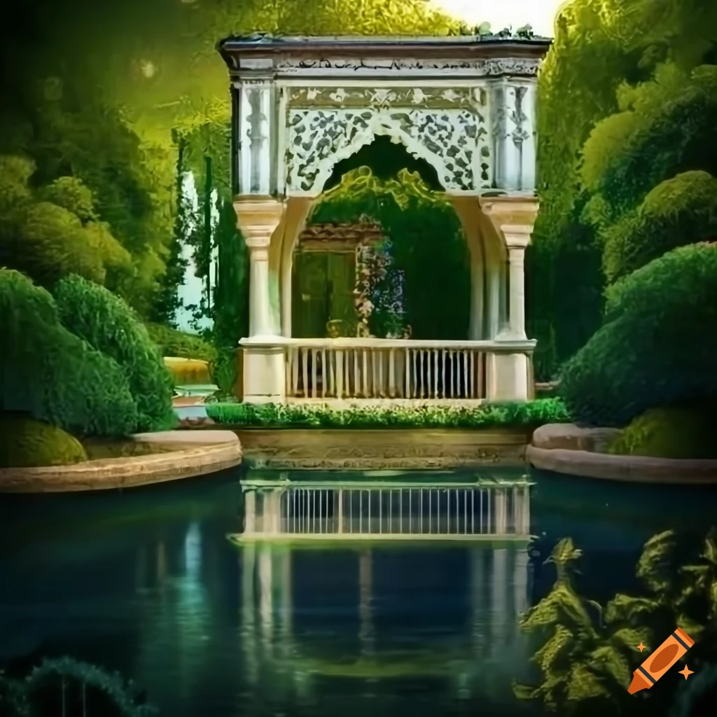 Islamic art-inspired garden with a beautiful balcony