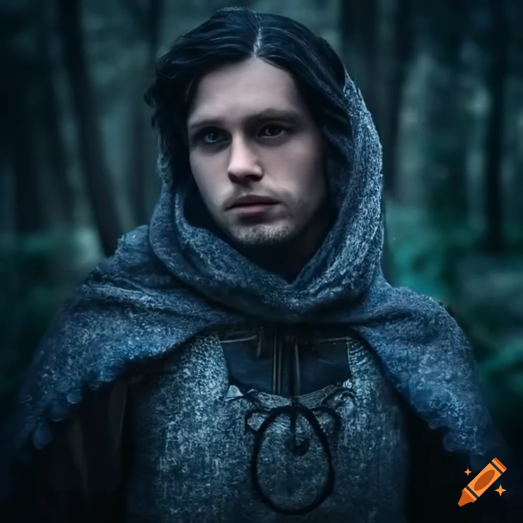 Attractive man in medieval clothes in a magical forest on Craiyon