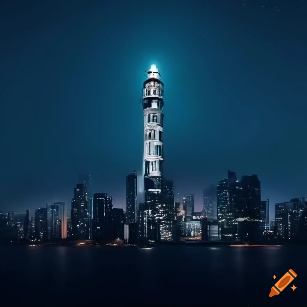 Futuristic cityscape with a lighthouse skyscraper on Craiyon