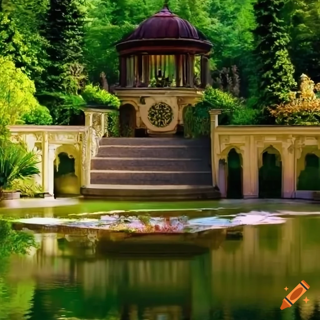Islamic art in a garden with a pond and a gazebo on Craiyon