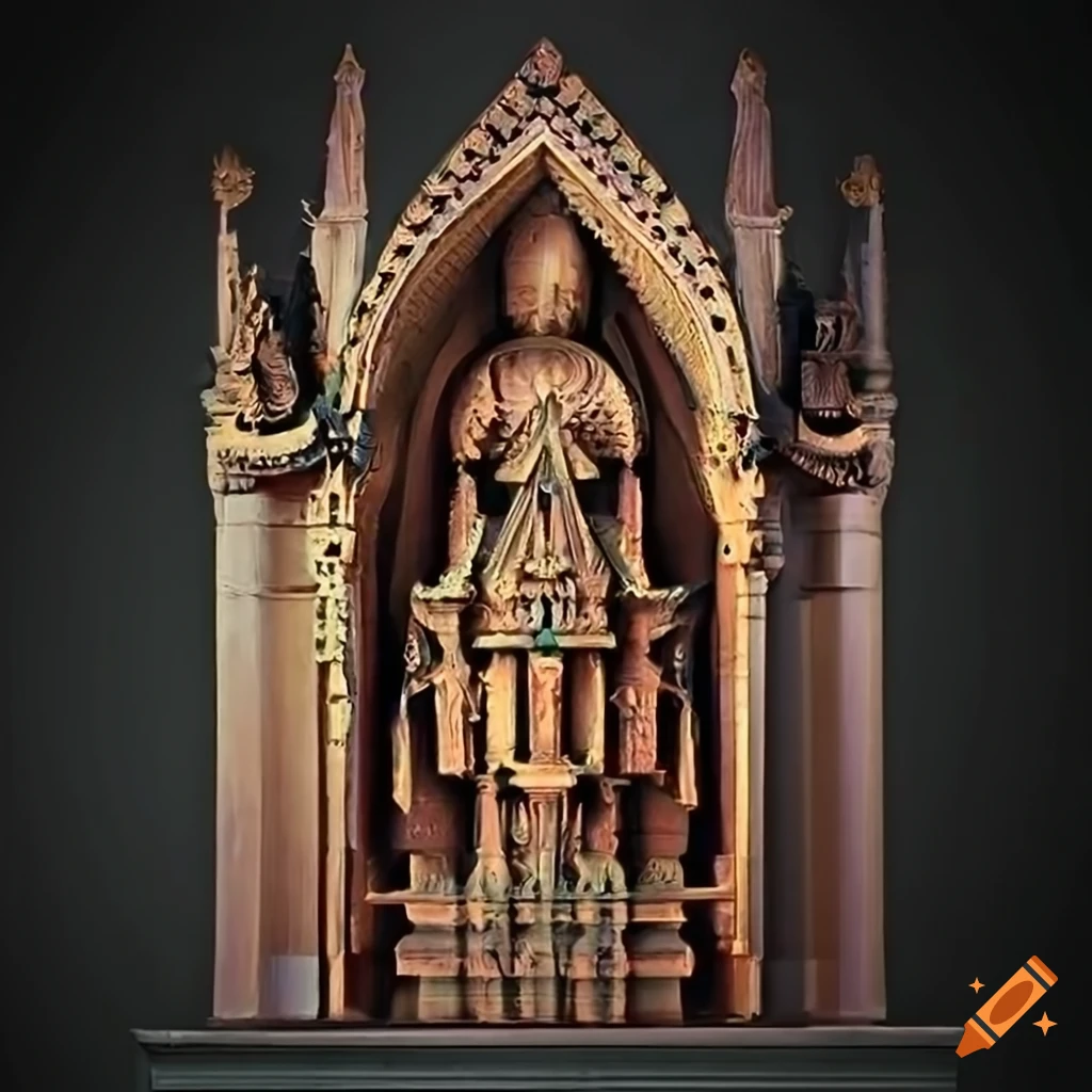 High-definition shrine with tank motif and stave carving style on Craiyon