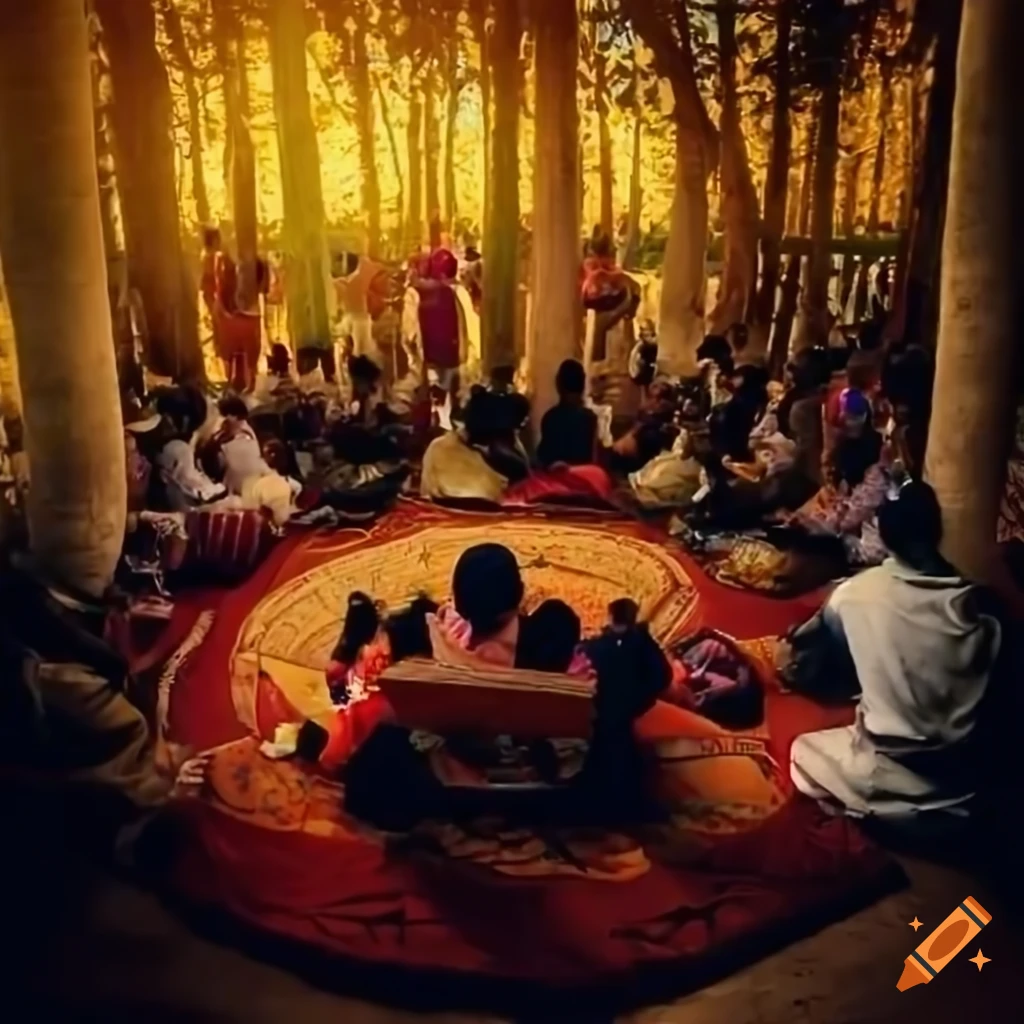 People chanting Kirtan in a peaceful natural environment on Craiyon