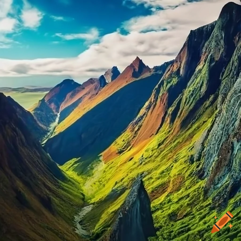 Blue, green and brown mountain crags