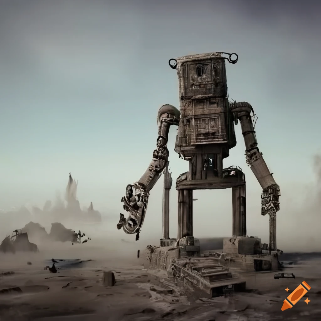 Dystopian robot sculpture in a barren wasteland on Craiyon