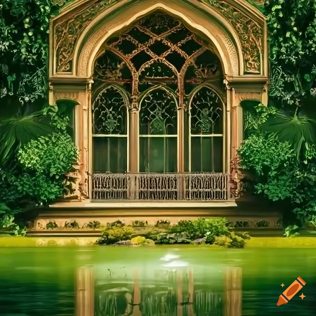 Islamic Art in a garden with pond and gazebo on Craiyon