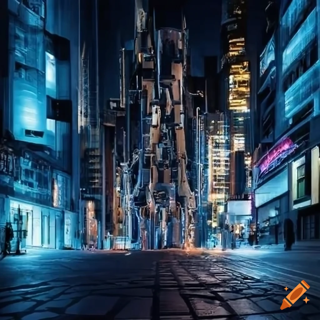 Futuristic house with robotic elements in a city street at night on Craiyon