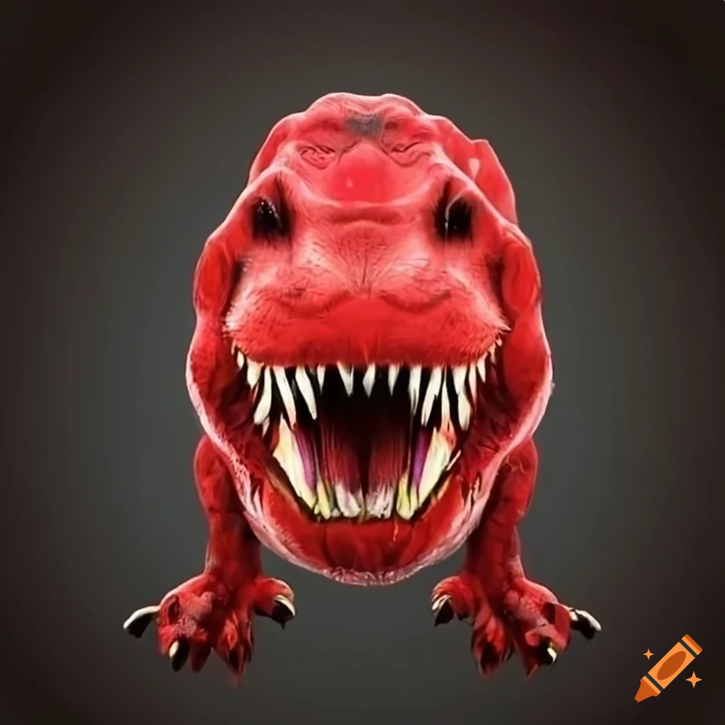 Cartoon of a happy red dinosaur chasing a butterfly on Craiyon