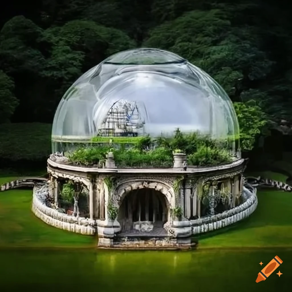 Clear dome showcasing a thriving eco system on Craiyon