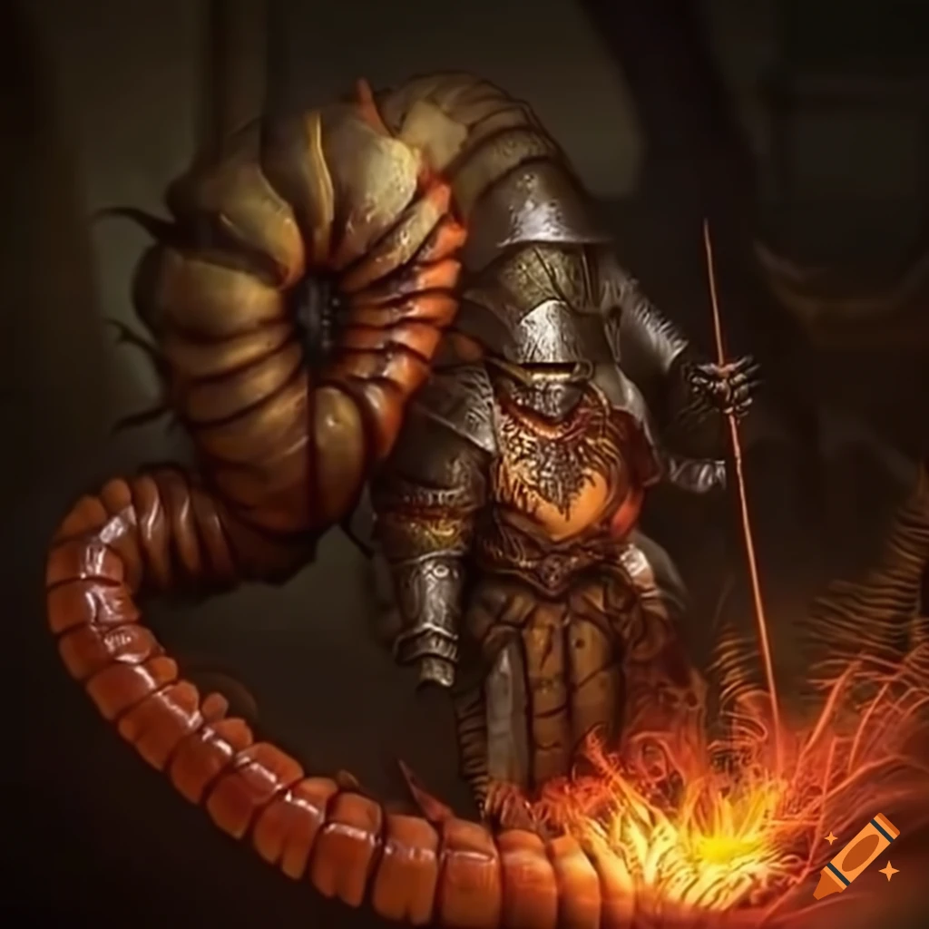 Illustration of a paladin fighting a monstrous centipede on Craiyon