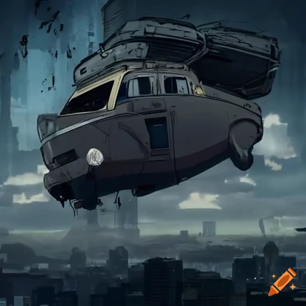 Flying van in a post-apocalyptic cityscape on Craiyon
