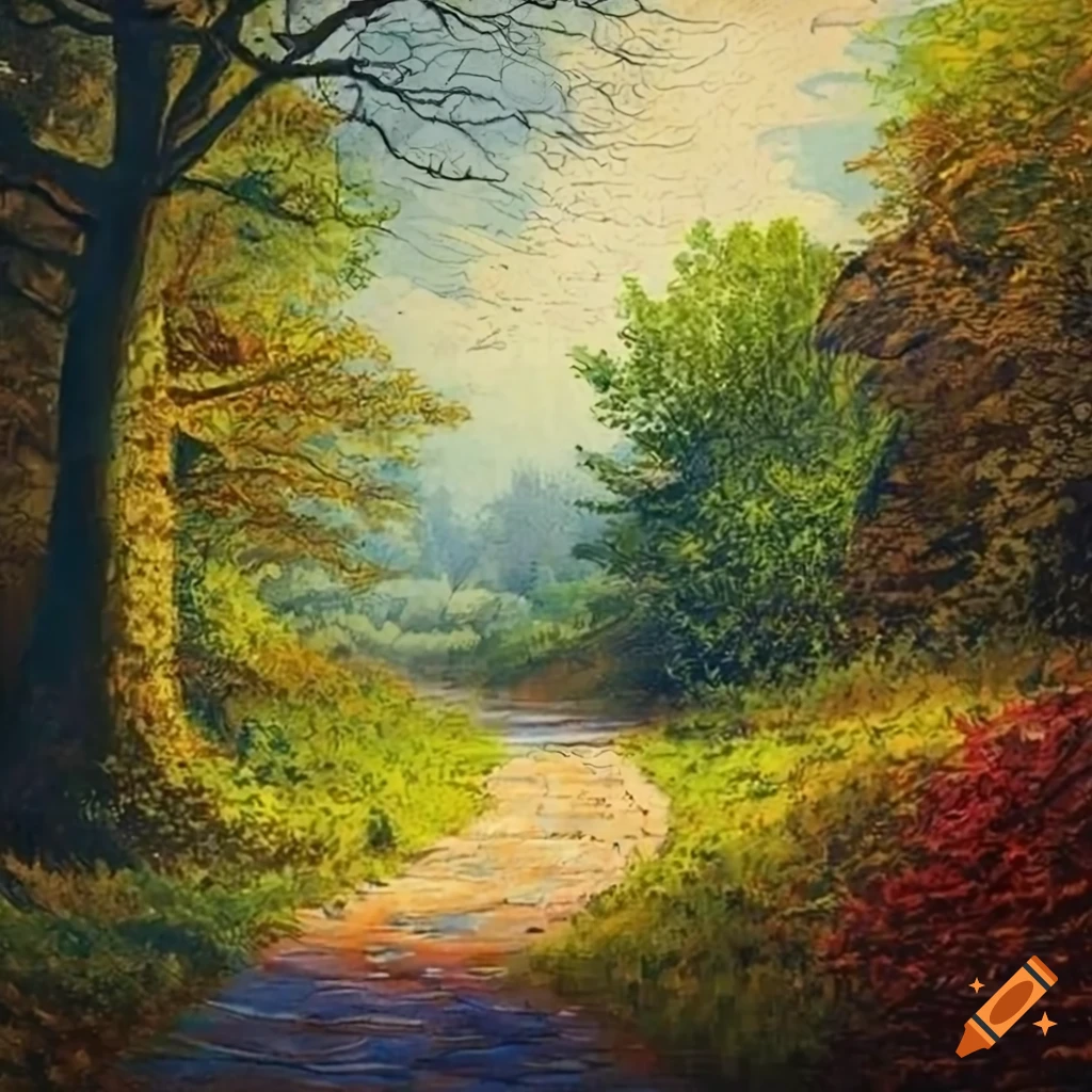 Colorful vintage illustration of a peaceful countryside path on Craiyon
