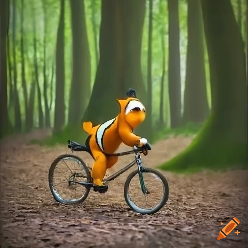 Realistic Clownfish riding a bicycle in the woods on Craiyon