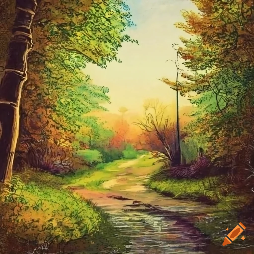 Vintage colorful drawing of a peaceful countryside field on Craiyon