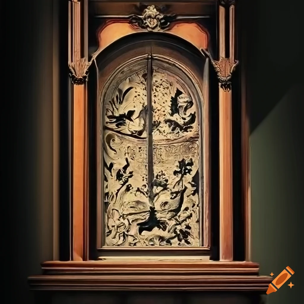 Poster with architectural stave carving and moth motif on Craiyon