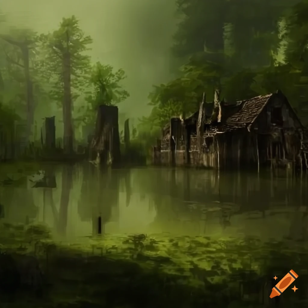 Overgrown swamp with medieval ruins on Craiyon