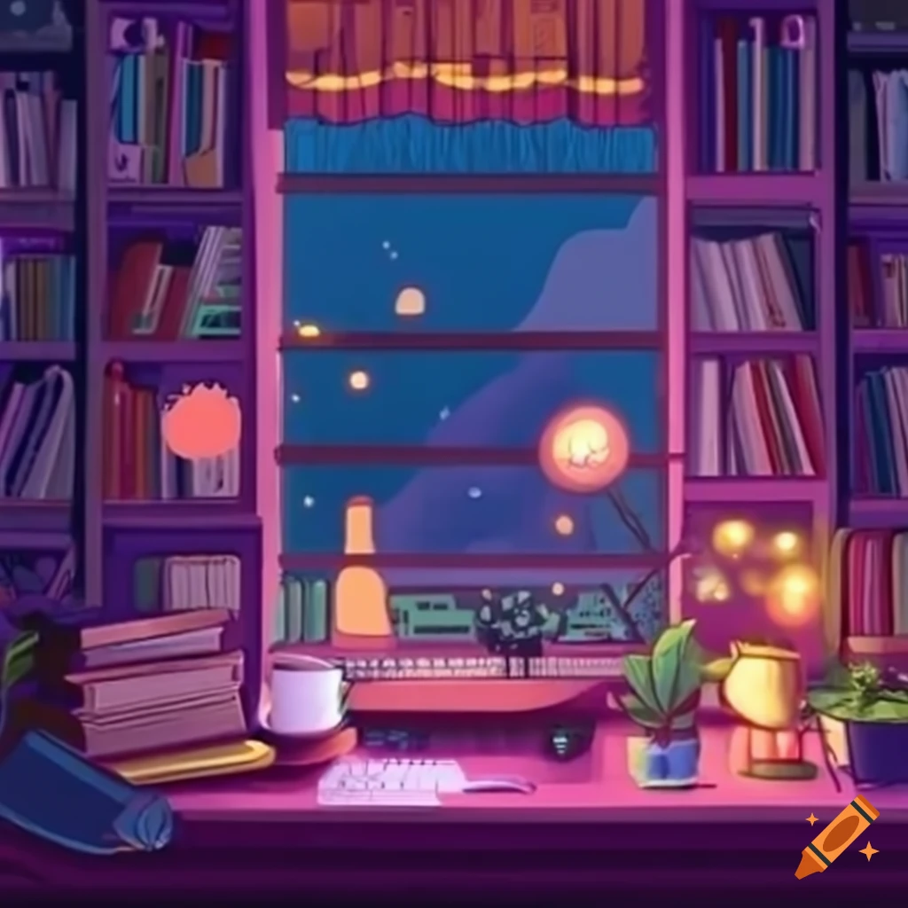 Cozy lofi room with fairy lights and plants on Craiyon