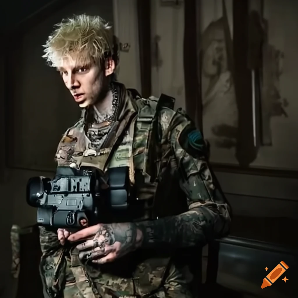 Machine gun kelly as a soldier in a war scene