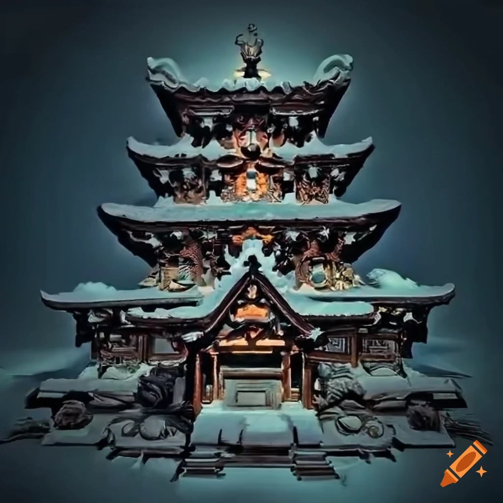 Detailed shrine with architectural stave carving on Craiyon