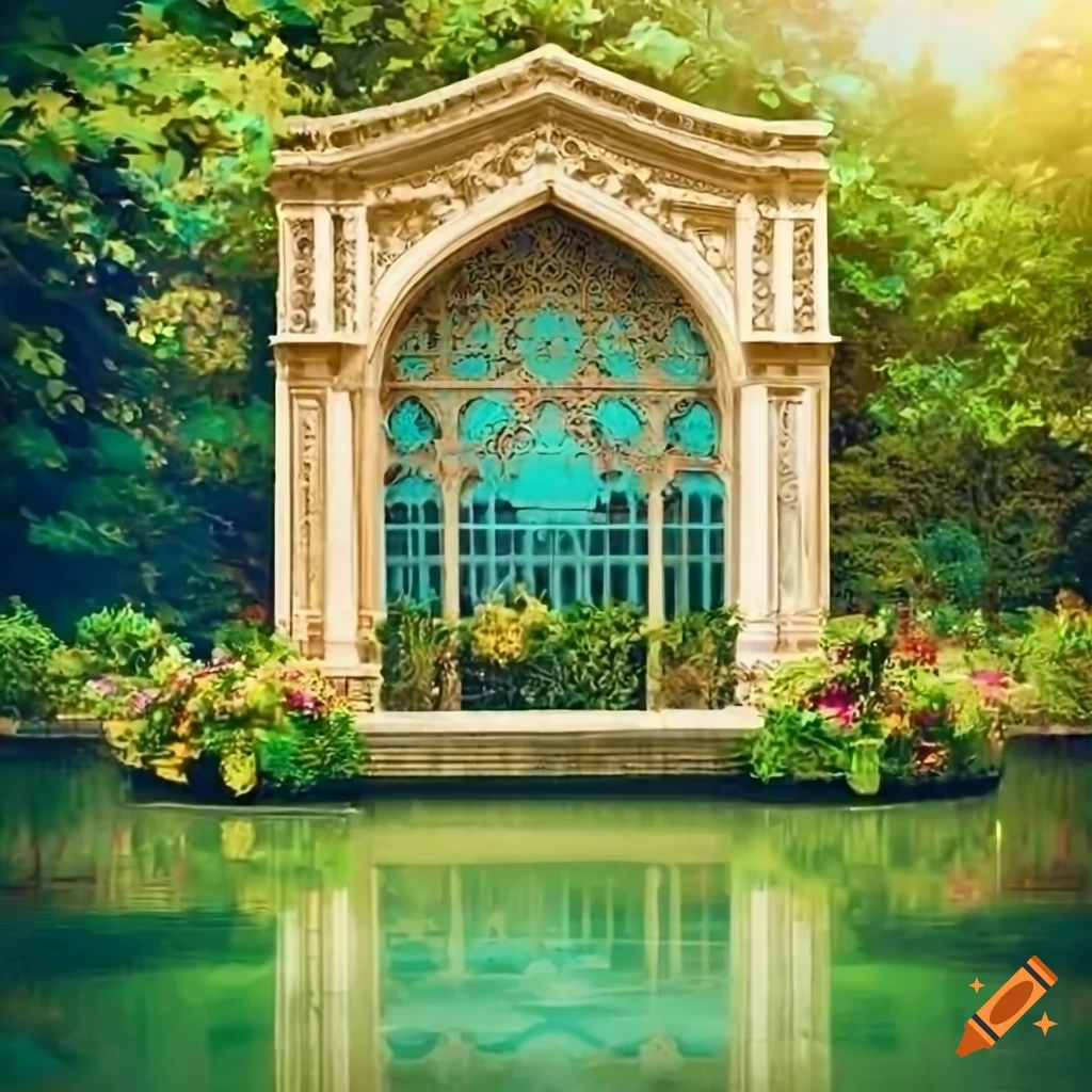 Garden with balcony in pond and Islamic art decorations on Craiyon
