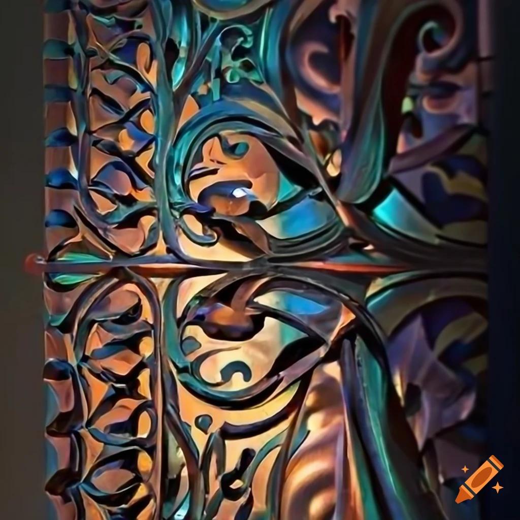 Variegated metal sculpture with architectural stave carving style on ...