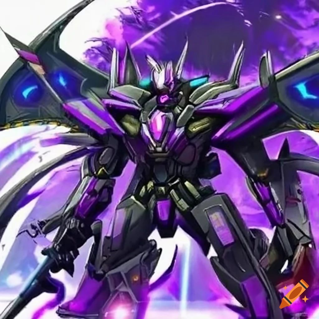 Purple winged mecha jet with thrusters on Craiyon
