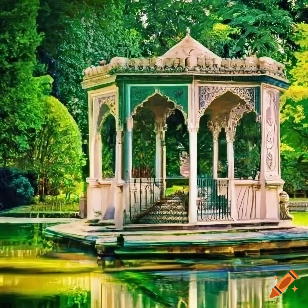 Islamic art in a garden with a pond and gazebo on Craiyon