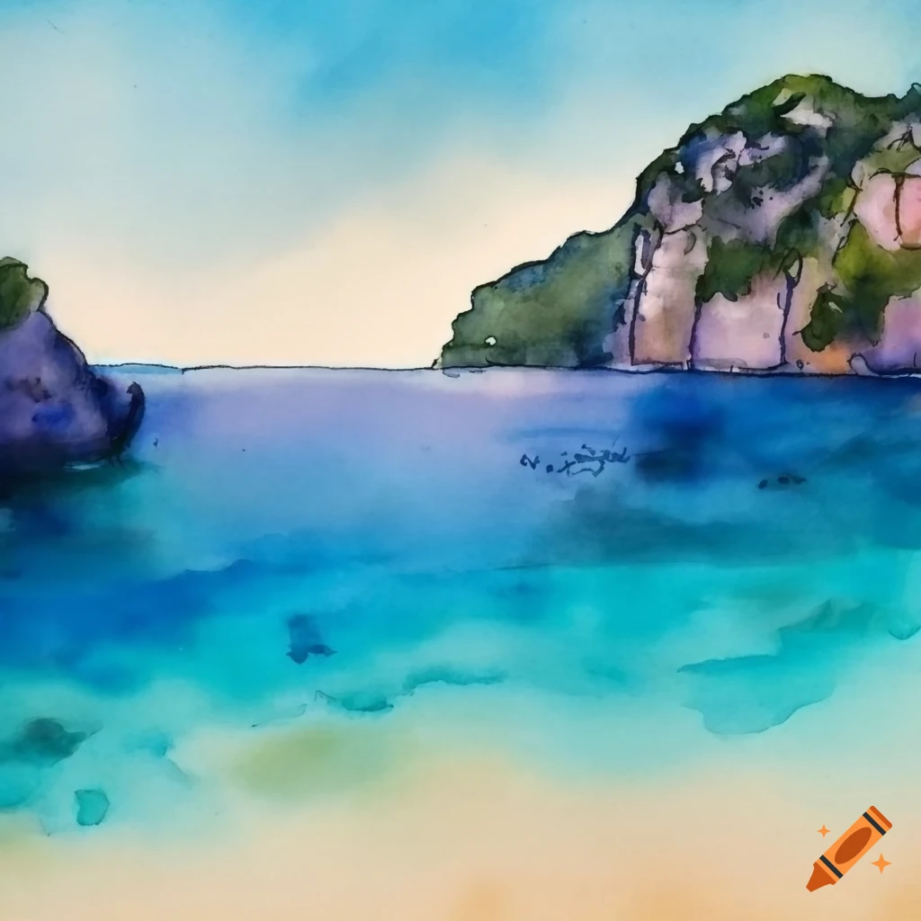 Watercolor painting of a beach with rocks on Craiyon
