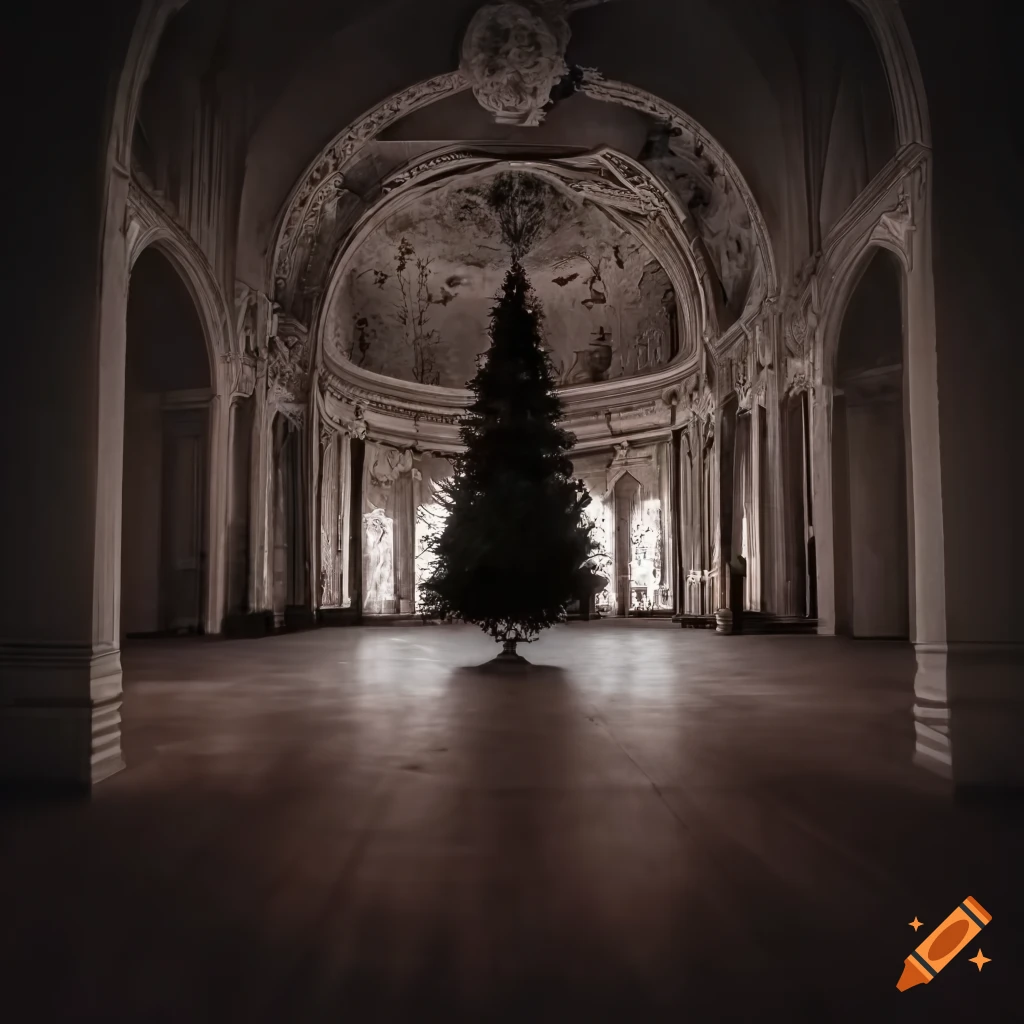 Desolate christmas tree in an empty hall on Craiyon