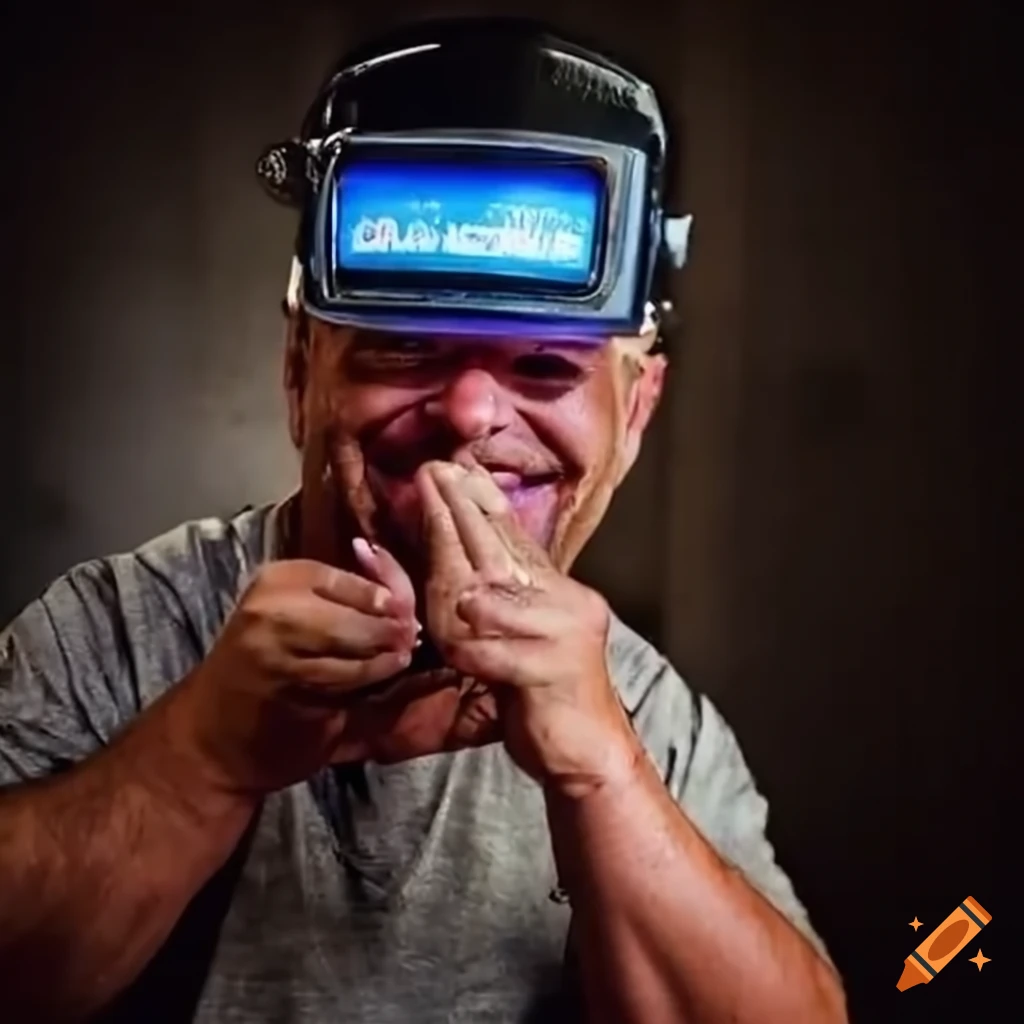 Rick harrison laughing with welding goggles on Craiyon