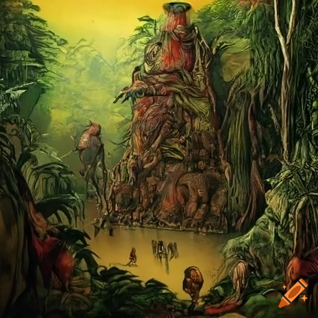 Illustration of a jungle landscape with animal-human hybrids on Craiyon