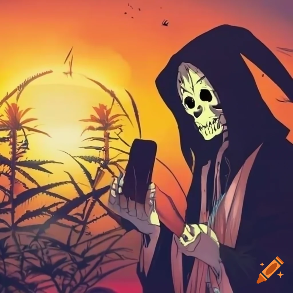 Artistic depiction of the Grim reaper and cannabis in a tropical sunset ...