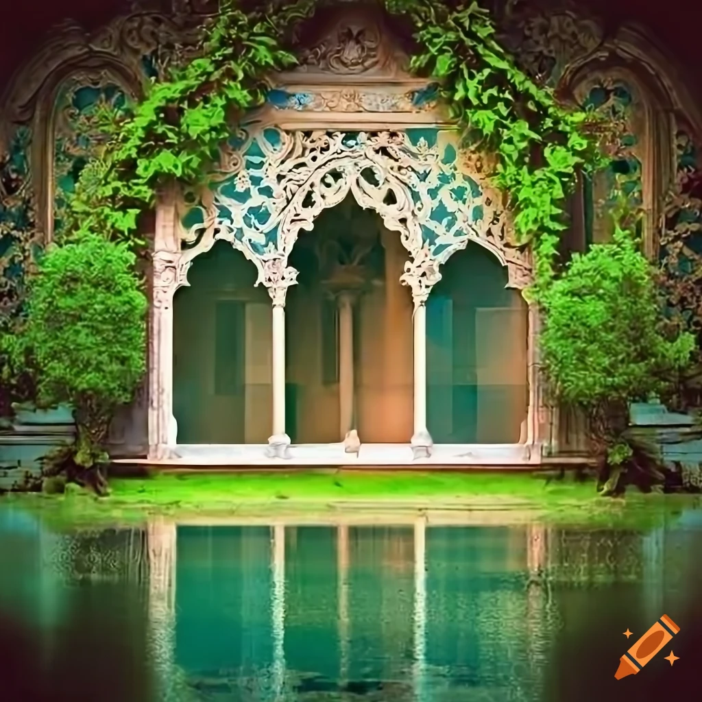 Blue islamic art window in a gazebo beside a pond on Craiyon