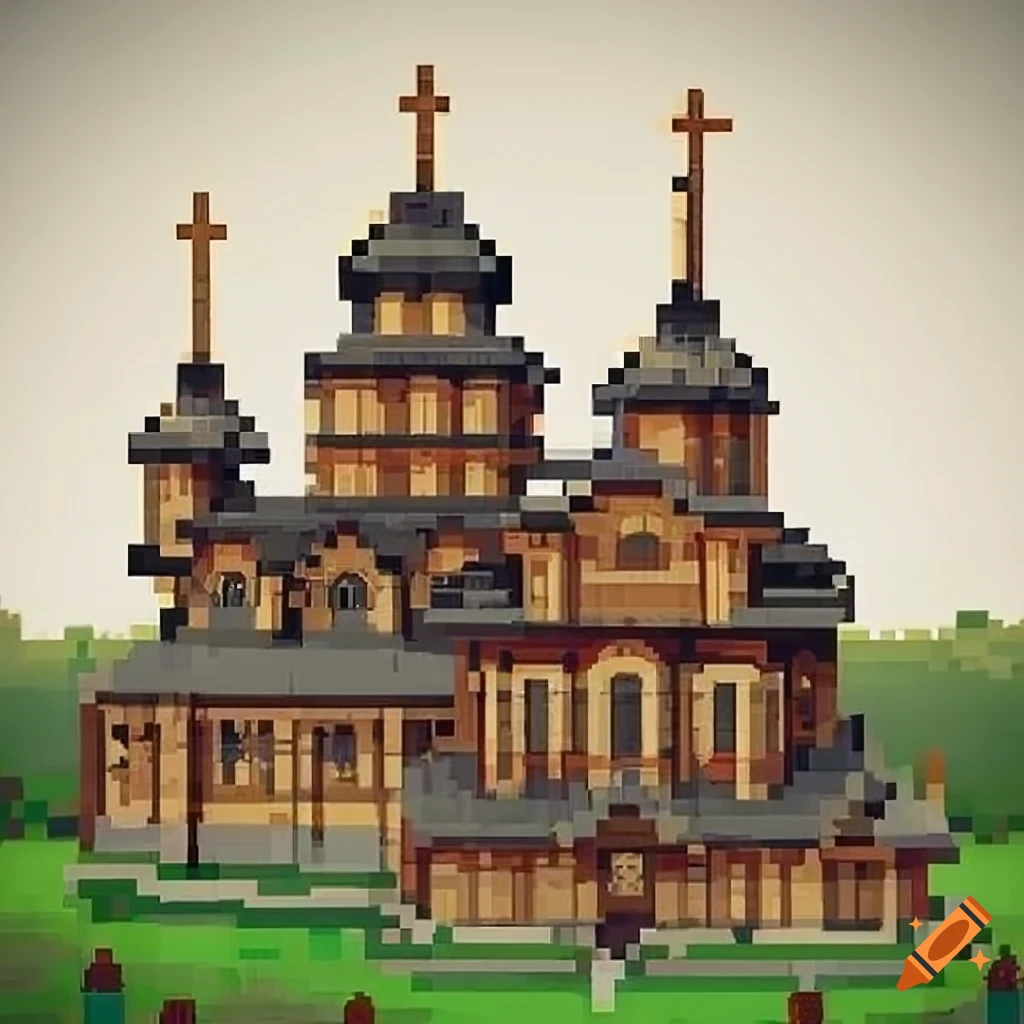 Pixel art of a wooden orthodox church on Craiyon