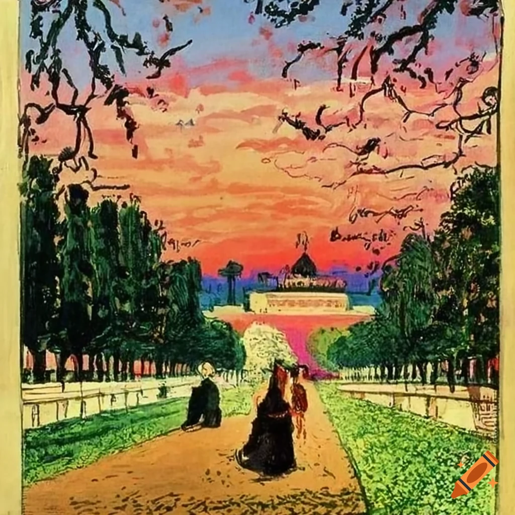Vintage illustration poster of a city park promenade on Craiyon